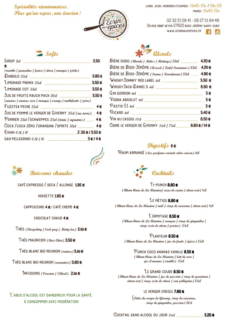 Carte des boissons - L'Écrin Aux Épices